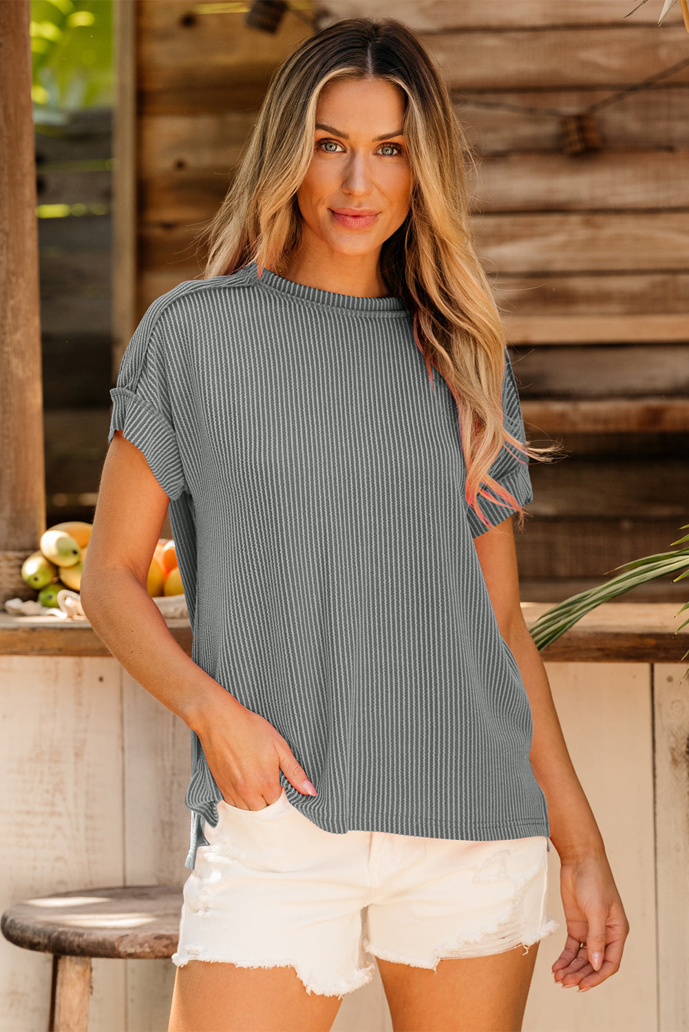 Medium Grey Textured Knit Exposed Stitching T-shirt – Emmeline's Fashion